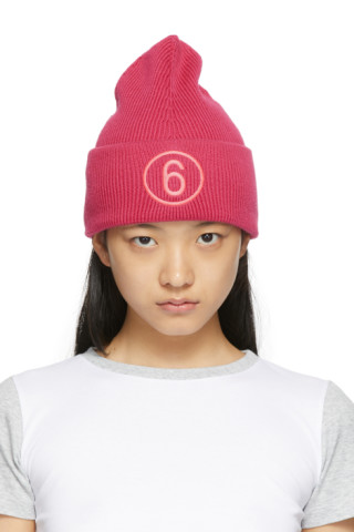 MM6 Maison Margiela: Pink '6' Logo Beanie | SSENSE Canada