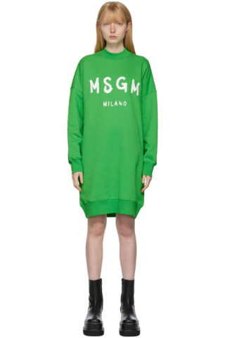 MSGM: Green Brush Stroke Logo Sweater Dress | SSENSE Canada