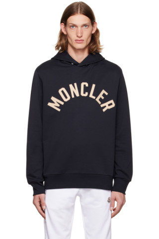 Moncler: Pull à capuche bleu marine à appliqué | SSENSE France