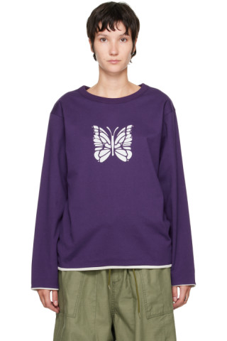 Purple & White Printed Long Sleeve Reversible T-Shirt by NEEDLES on Sale