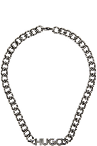 Gunmetal Logo Plaque Necklace by Hugo on Sale