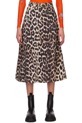 GANNI: Jupe midi trapèze beige en denim | SSENSE France