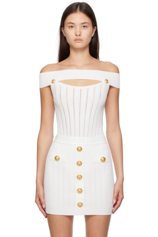 White Off-The-Shoulder Bodysuit by Balmain on Sale