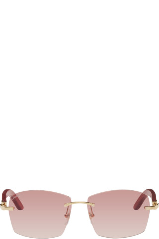 Cartier: Gold & Red Rectangular Sunglasses | SSENSE Canada