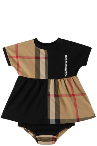 Baby Black Check Panel Dress & Bloomers Set by Burberry | SSENSE Canada