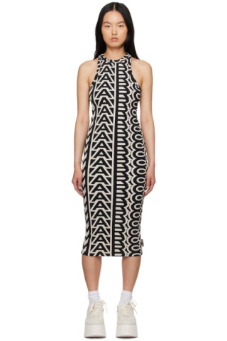Robe midi 'The Monogram Racer Rib Dress' noir et beige Marc Jacobs en solde
