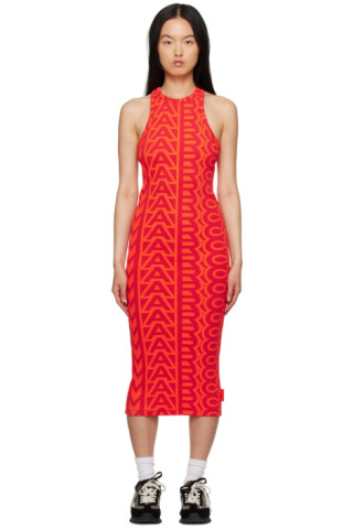 Robe midi 'The Monogram Racer Rib Dress' rouge Marc Jacobs en solde