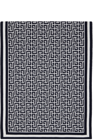 Balmain: Navy & White Monogrammed Scarf | SSENSE UK