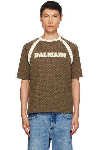 Brown Retro Mini Monogram T-Shirt by Balmain on Sale