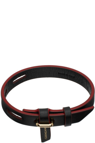 Black Leather Eyelets Bracelet by Ferragamo on Sale
