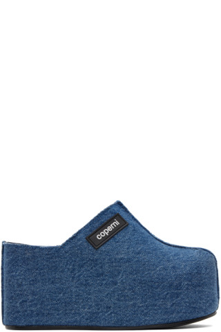 Blue Denim Branded Wedge Clogs by Coperni on Sale