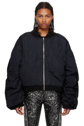 Black Draped Bomber Jacket by Who Decides War on Sale