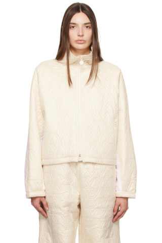 Beige & White 'YY' Quilted Bomber Jacket by OPEN YY on Sale