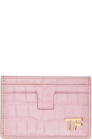 Pink Shiny Stamped Croc TF Card Holder by TOM FORD on Sale