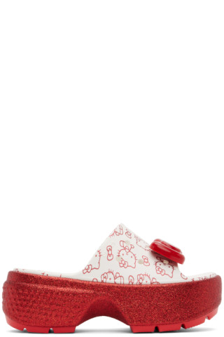White & Red Hello Kitty Stomp Slides by Crocs on Sale