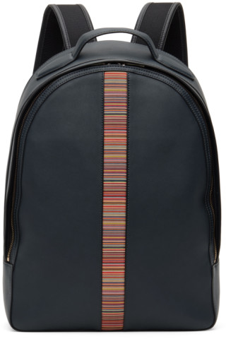 Navy Leather Signature Stripe Backpack by Paul Smith on Sale