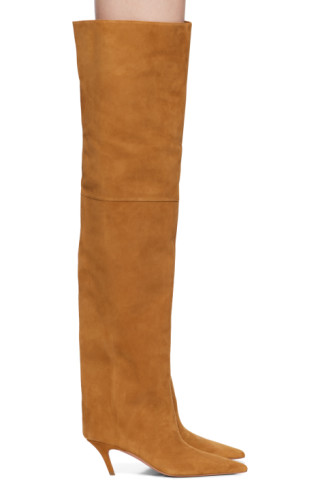 Tan Fiona Thigh High Boots by Amina Muaddi on Sale