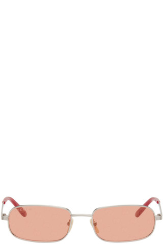 Silver & Red Rectangular Sunglasses by Gucci on Sale