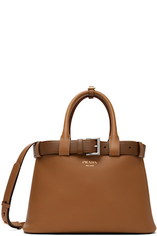 Prada: Tan Buckle Medium Leather Bag | SSENSE Canada