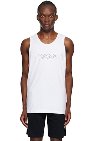 White Printed Outline Logo Tank Top by BOSS on Sale