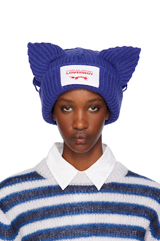 Blue Chunky Ears Beanie by Charles Jeffrey LOVERBOY on Sale