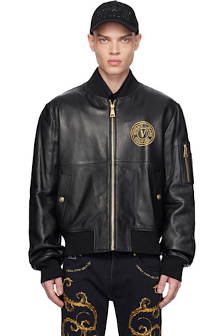 Black V Emblem Leather Jacket by Versace Jeans Couture on Sale