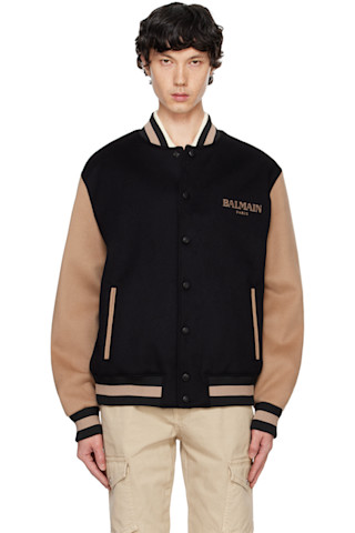 Black & Tan Two-Tone Varsity Bomber Jacket by Balmain on Sale