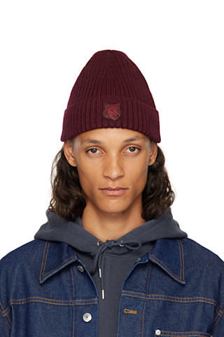Burgundy Bold Fox Head Beanie by Maison Kitsuné on Sale