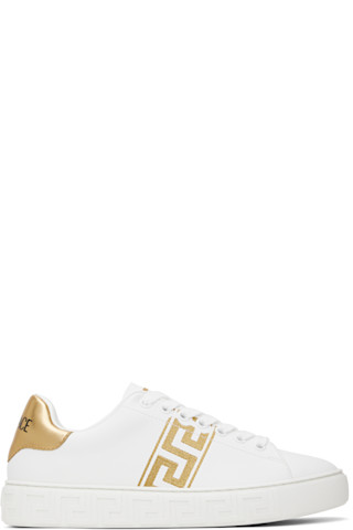 White & Gold Embroidered Greca Sneakers by Versace on Sale