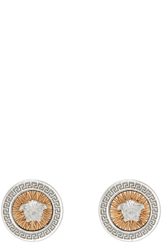 Silver & Gold Crystal Icon Stud Earrings by Versace on Sale