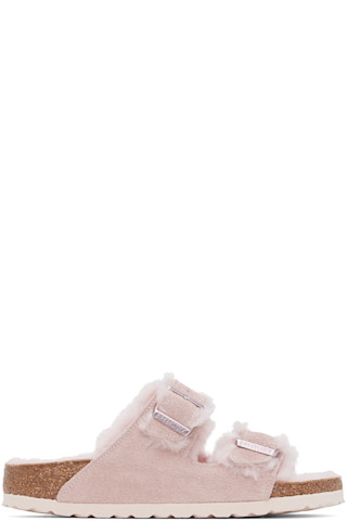 Birkenstock: Pink Narrow Arizona Shearling Sandals | SSENSE