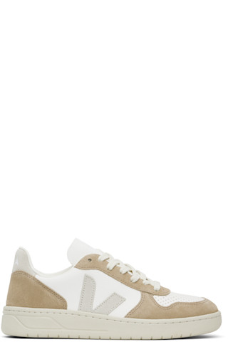 VEJA: Beige & White V-10 Leather Sneakers | SSENSE