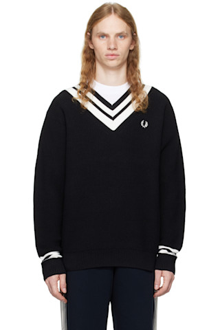 Fred Perry: Black Striped Trim V-Neck Sweater | SSENSE