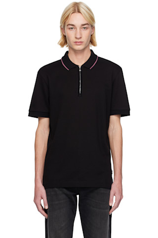 Black Zip Placket Polo by BOSS on Sale