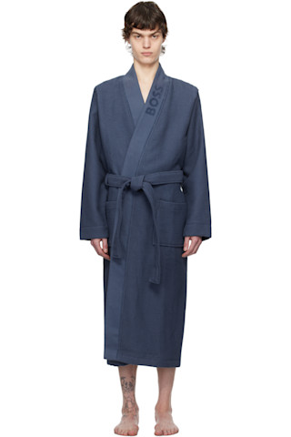 Navy Waffle-Structure Dressing Robe by BOSS on Sale