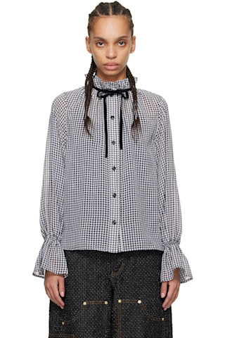 GANNI: Black & White Sheer Check Tie String Shirt | SSENSE