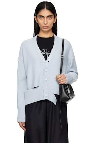 MM6 Maison Margiela: Blue Boxy Ripped Cardigan | SSENSE