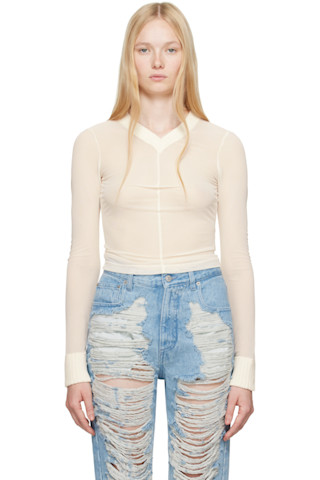 MM6 Maison Margiela: オフホワイト Elastic Jersey Mesh 長袖 MM6 Maison Margiela: オフホワイト Elastic Jersey Mesh 長袖
