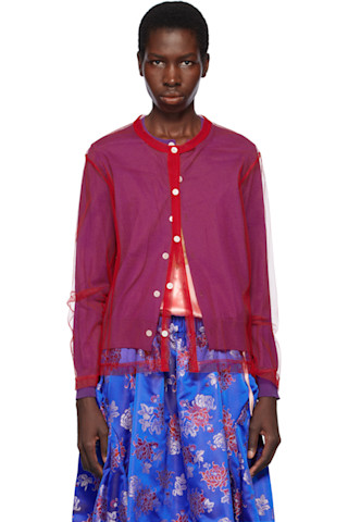 Purple & Red Worsted Wool x Nylon Tulle Cardigan by Comme des Garçons ...