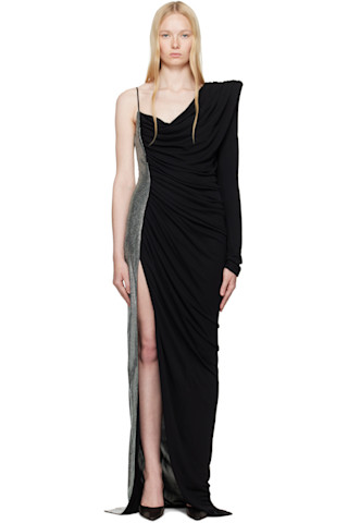 Black Draped Asymmetrical Two-Material Maxi Dress by Balmain on Sale