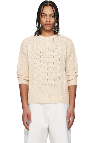 Beige Cotton Crochet Pullover Knit Sweater by COOR on Sale