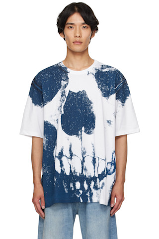White & Blue Exploded Skull T-shirt by McQueen on Sale