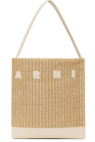 Beige & Off-White Raffia-Effect Museo Medium Tote by Marni on Sale