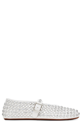 ALAÏA: White Strass Ballerina Flats | SSENSE