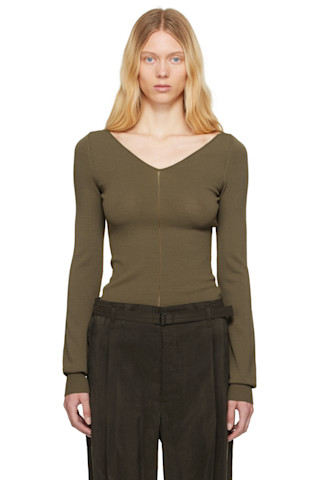Khaki Wide V-Neck Top by LEMAIRE on Sale