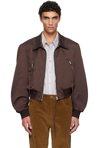 Brown Zipper Details Structured Tim Bomber Jacket by RECTO on Sale