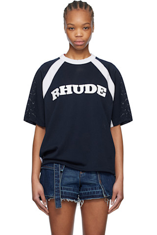 Rhude: Blue & White Racing Logo Mesh T-shirt | SSENSE Canada