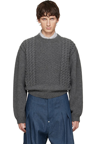 Gray Cable Panel Handmade Knit Sweater by SOSHIOTSUKI on Sale