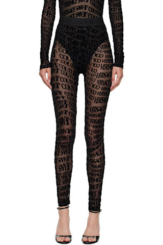 Black Tulle Flock Liquify Leggings by Versace Jeans Couture on Sale