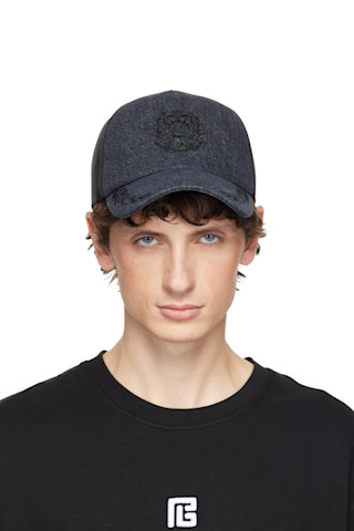 Gray Balmain Écusson Embroidered Denim Cap by BALMAIN on Sale